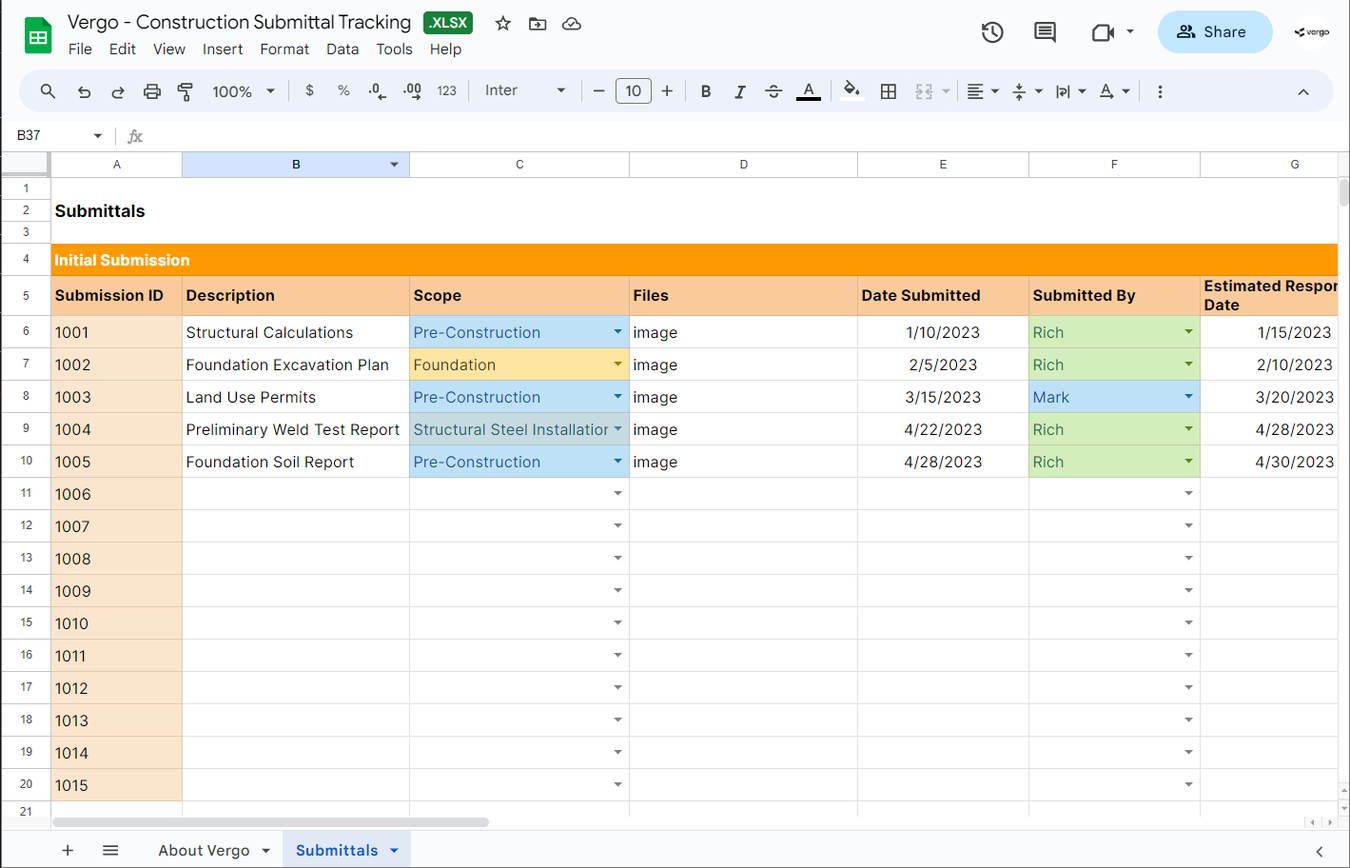 Free Construction Submittal Log Template - Free Printable